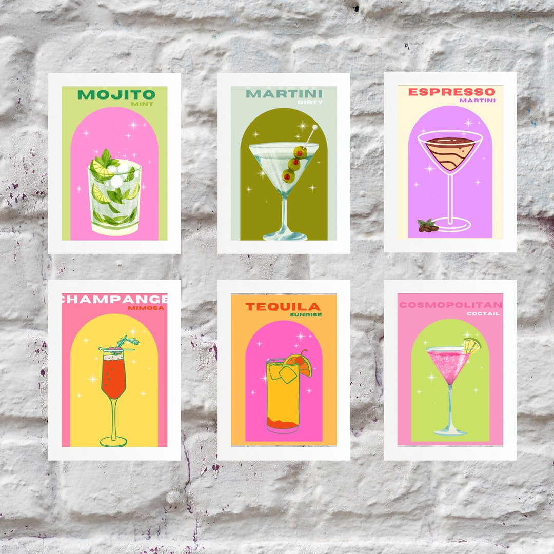 Colorful Cocktail Poster Set of 6. Martini, Cosmopolitan , Espresso ...