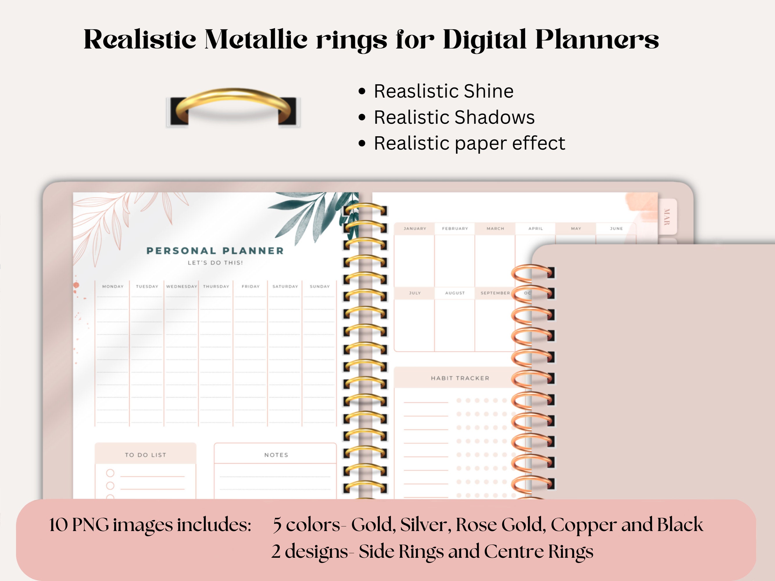 Realistic Digital Binder Rings for Planner | Square Holes | 5 Metallic ...