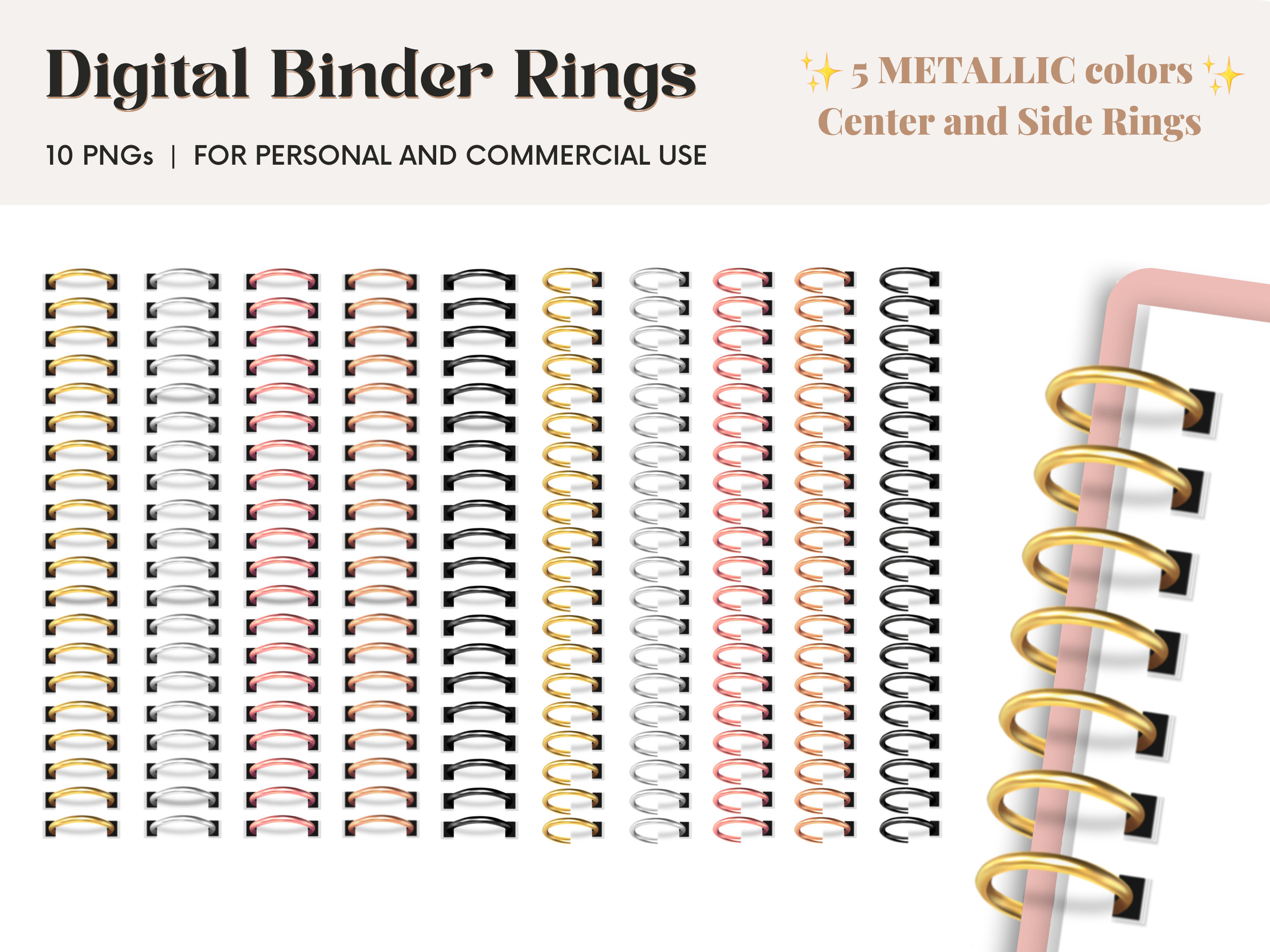 Realistic Digital Binder Rings for Planner | Square Holes | 5 Metallic ...
