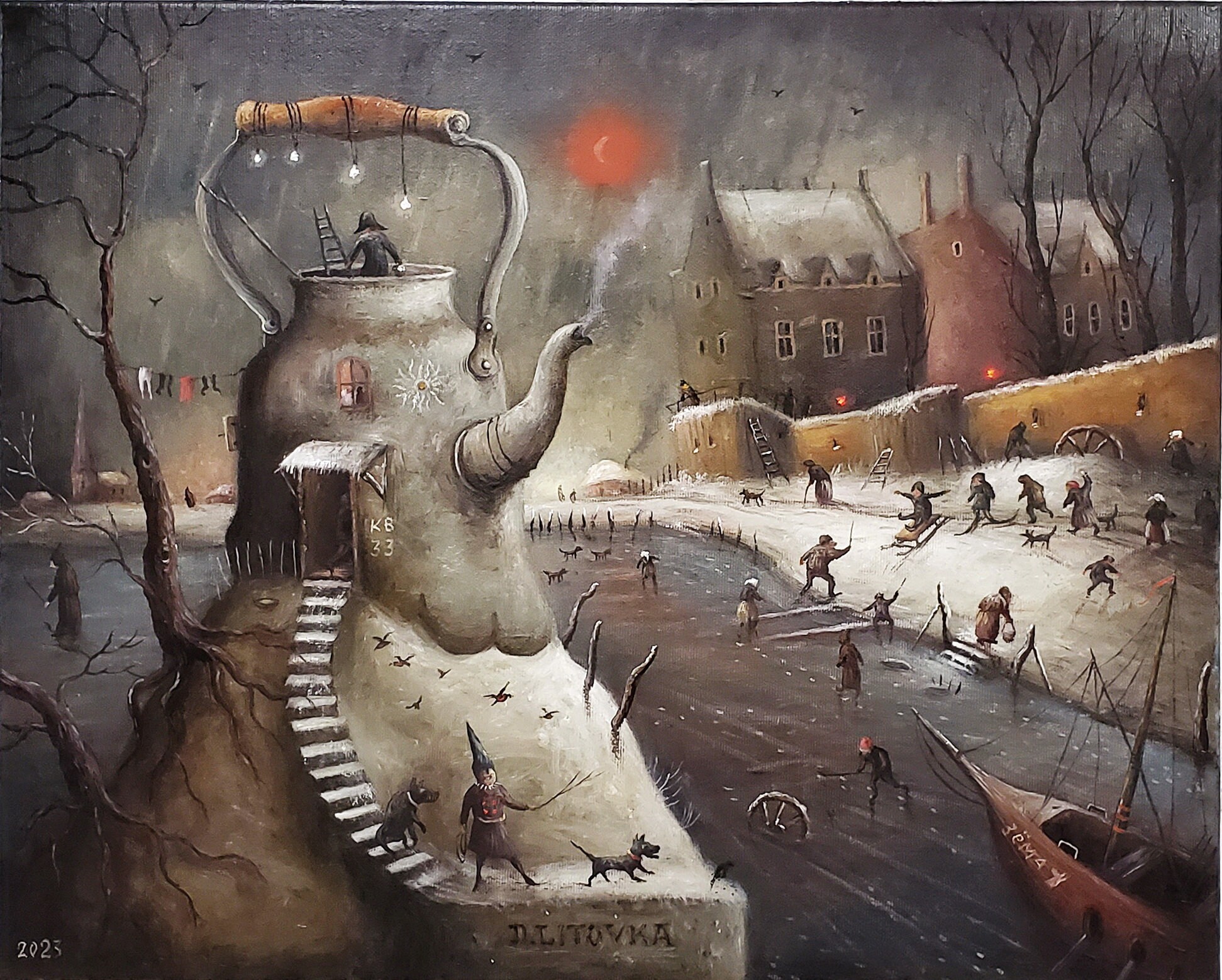 Cute Creepy Art Painting, Fantasy City Artwork, Dark Moody Wall Art ...