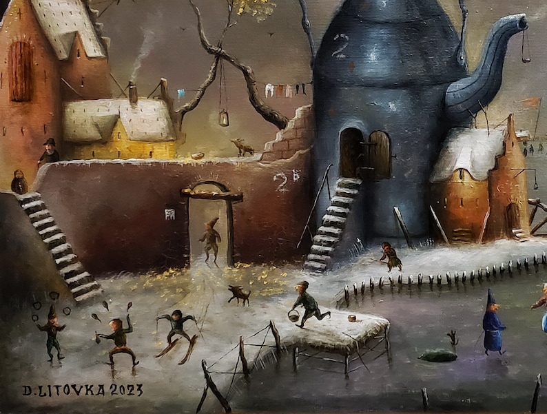 Absurd Art, Surreal Cityscape Painting, Surrealistic Wall Art, Fine Art ...