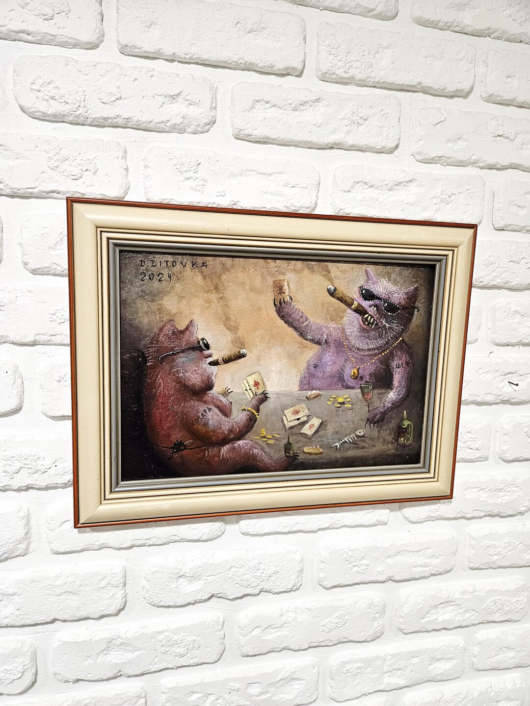 Weird Cat Art Home Decor, Card Player Gifts Crazy Animal Painting ...