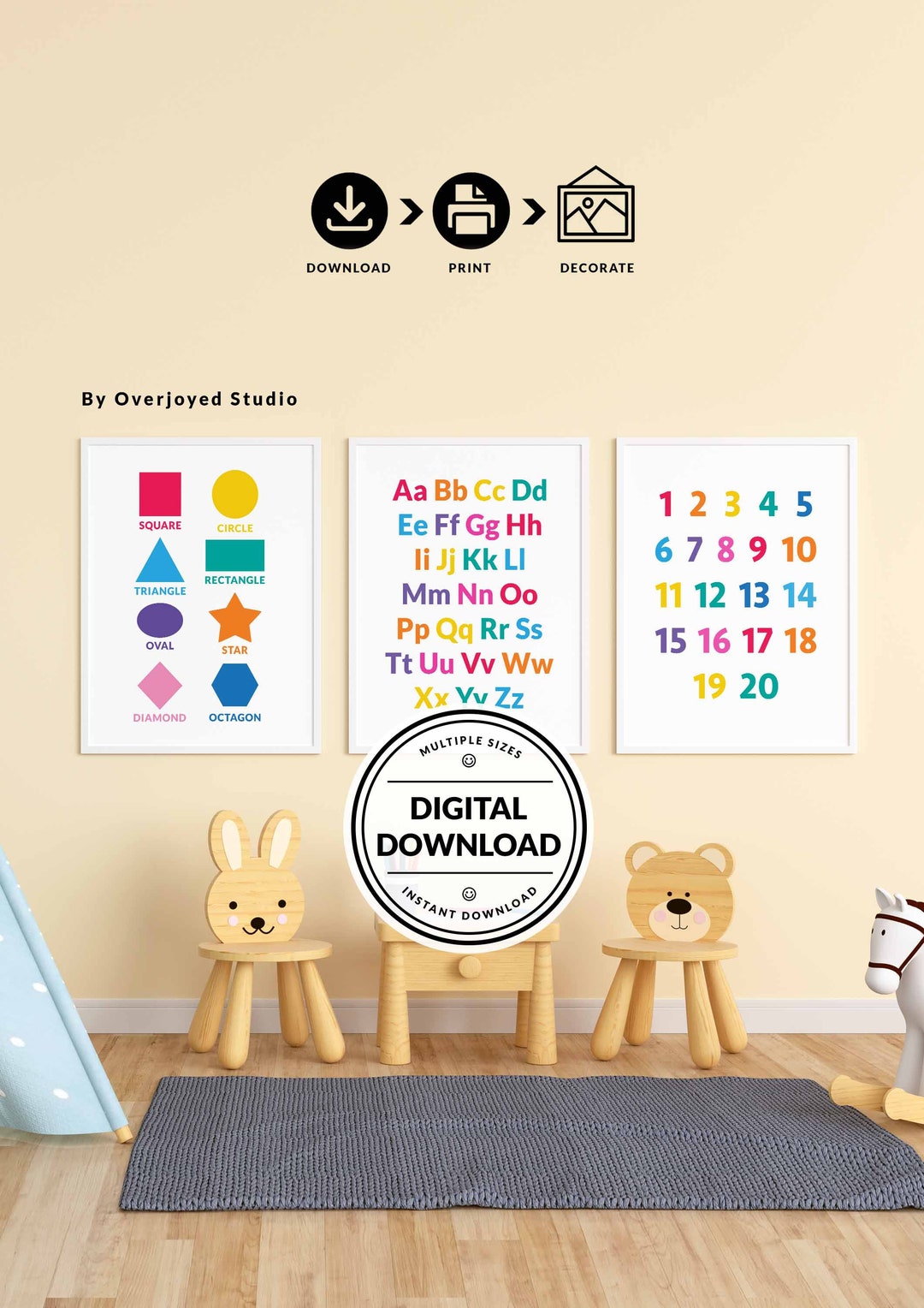 Set of 3 ABC 123 Shapes Educational Alphabet Poster Educational Chart ...