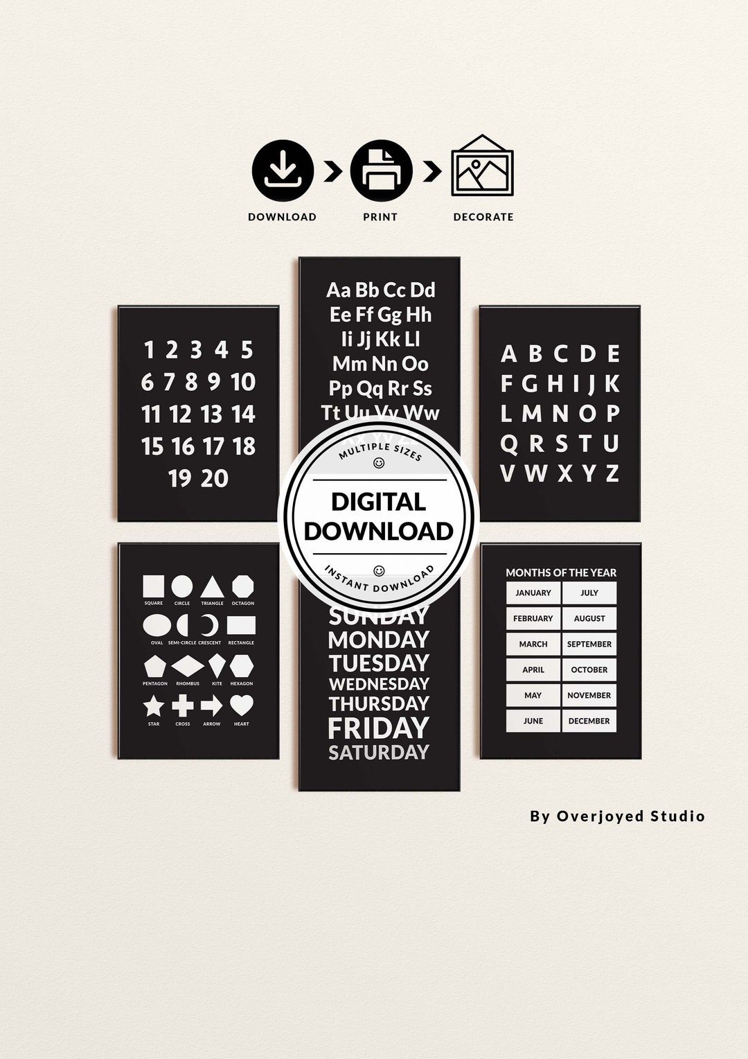 Black and White Nursery Downloadable, ABC Preschool Decor, Teaching Aid ...