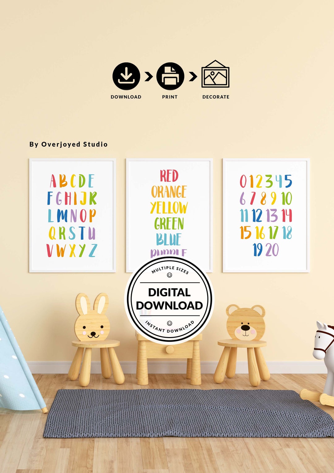 Rainbow Alphabet Set of 3, Numbers Print, Educational Wall Decor ...