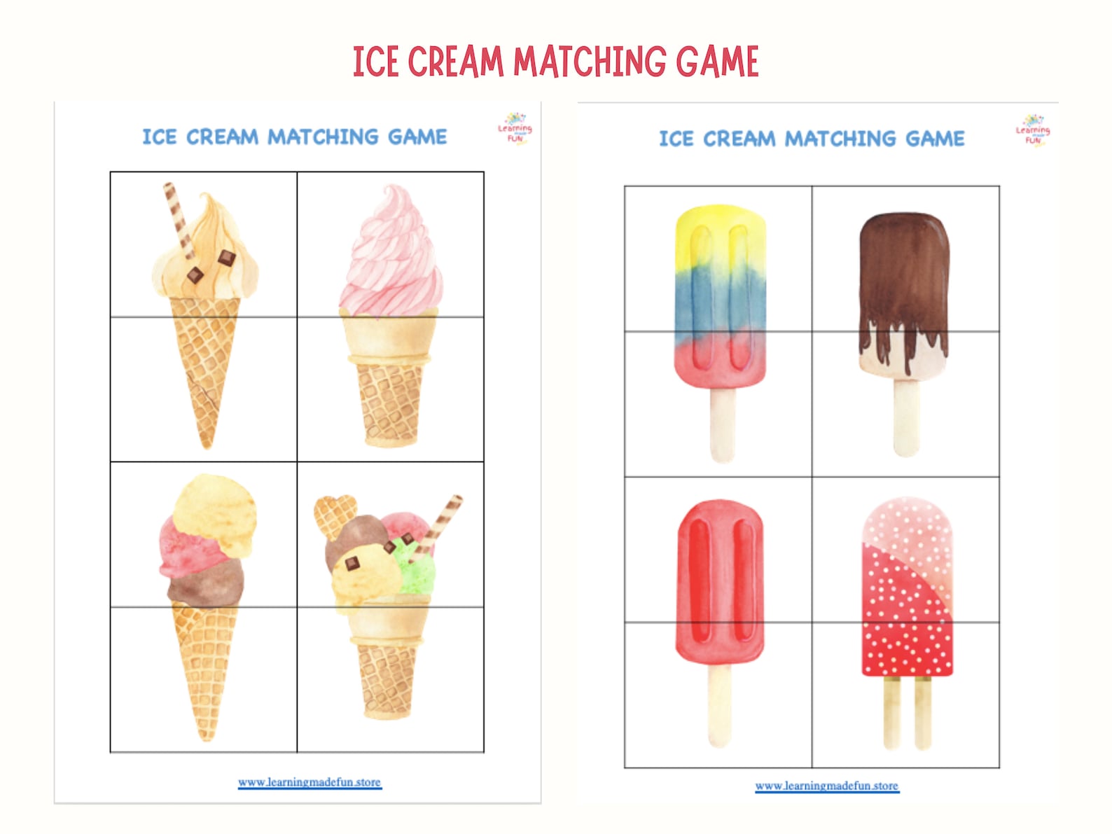 Ice Cream Matching Game for Kids Ice Cream Matching Activity - Etsy