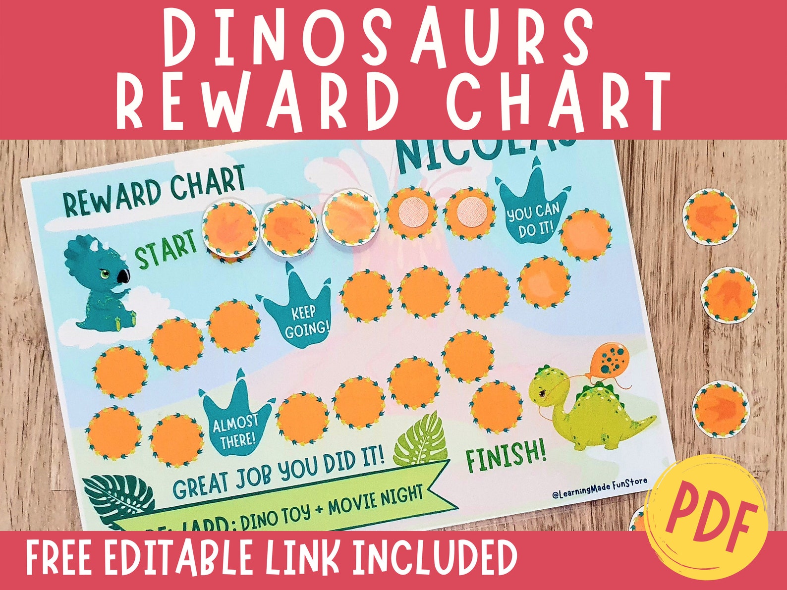 Editable Dinosaurs Reward Chart: Kids Behavior & Potty Training (PDF ...