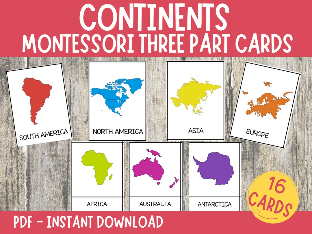 Continents Montessori Cards, Continents Flash Cards, Three Part Cards ...