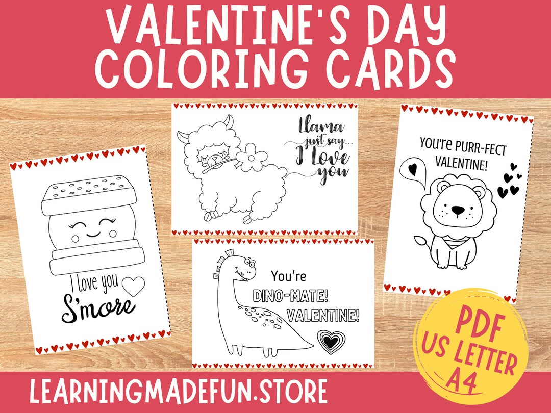 Valentine's Day Coloring Cards for Kids: 24 Printable Designs (digital ...