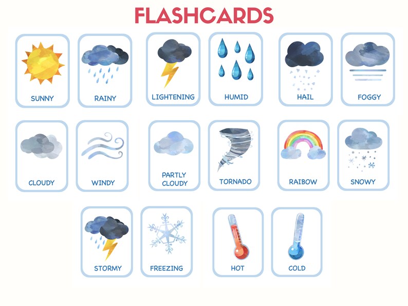 Weather Flashcards: Watercolor Learning Cards (INSTANT DOWNLOAD) - Etsy