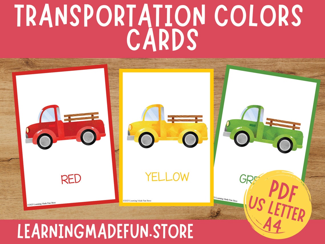 Watercolor Transportation Colors Flashcards: Preschool Learning ...