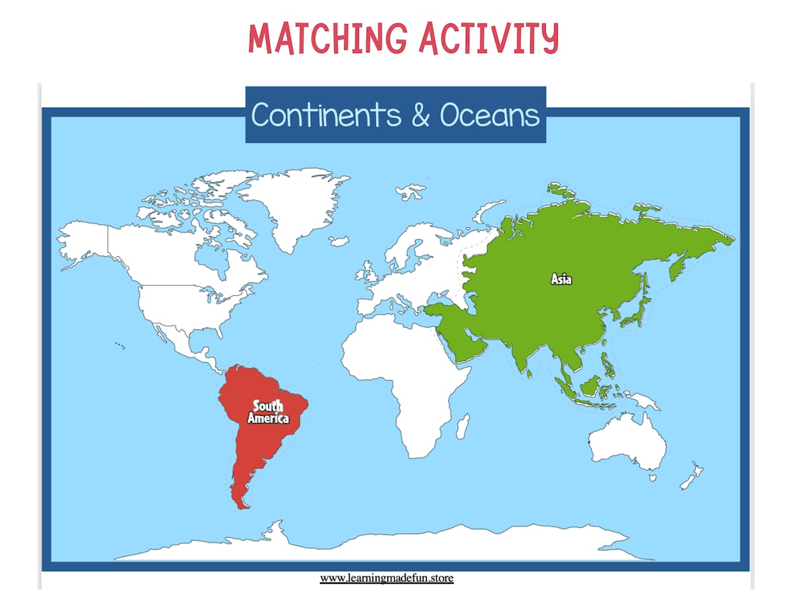 Continents Matching Activity World Map Printable Continents | Etsy Canada