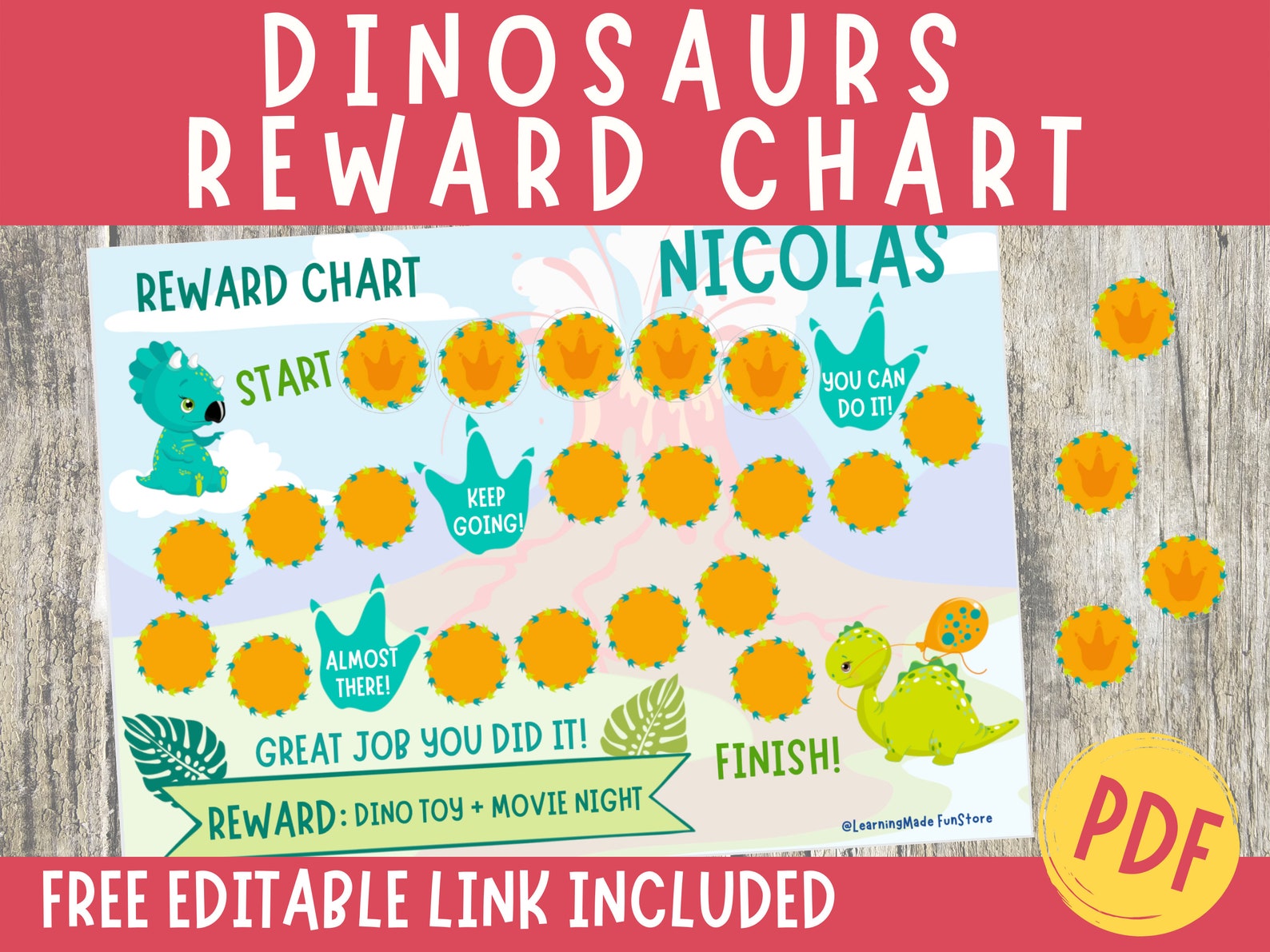 EDITABLE Dinosaurs Reward Chart Kids Reward Chart Printable | Etsy