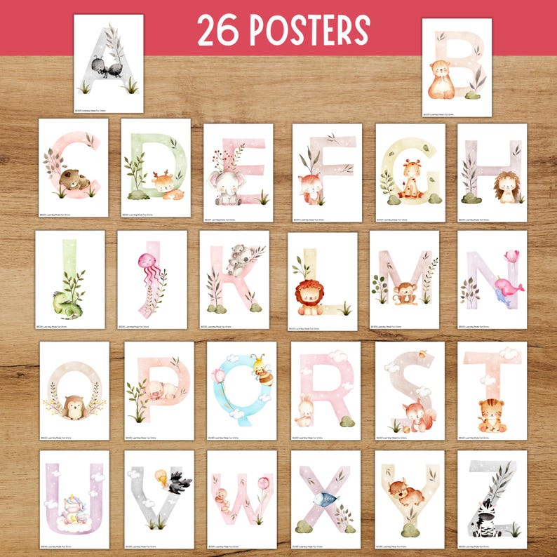 Watercolor Alphabet Poster Flashcards A Z Printable Cards for Preschool ...
