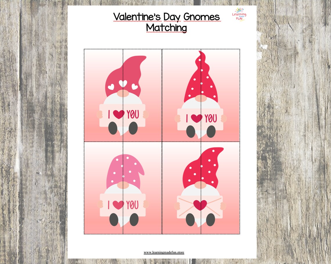 Valentine's Day Matching Game for Kids Gnomes Matching | Etsy
