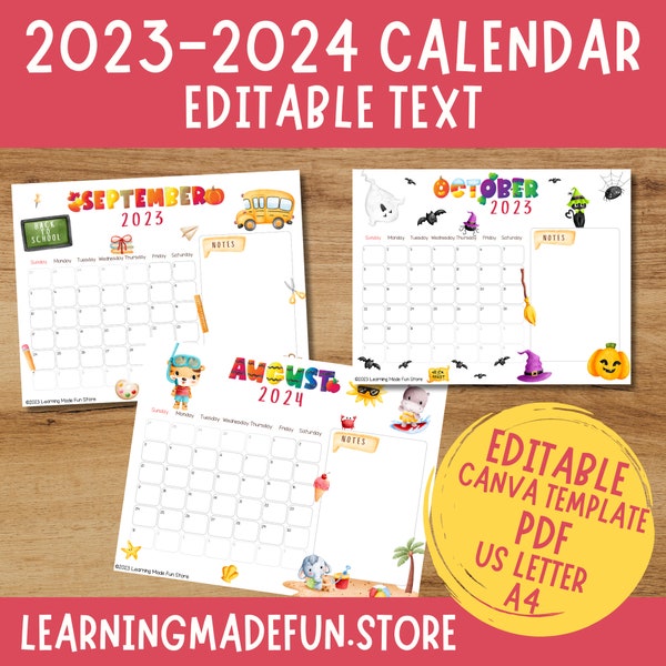 Monthly Printable School Year Calendar - Etsy