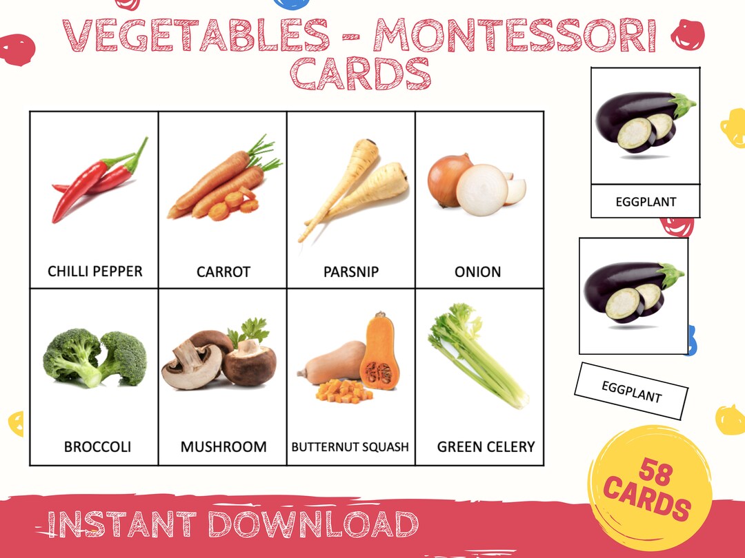 Real VEGETABLE Montessori Flashcards, Three-part Cards, Montessori ...