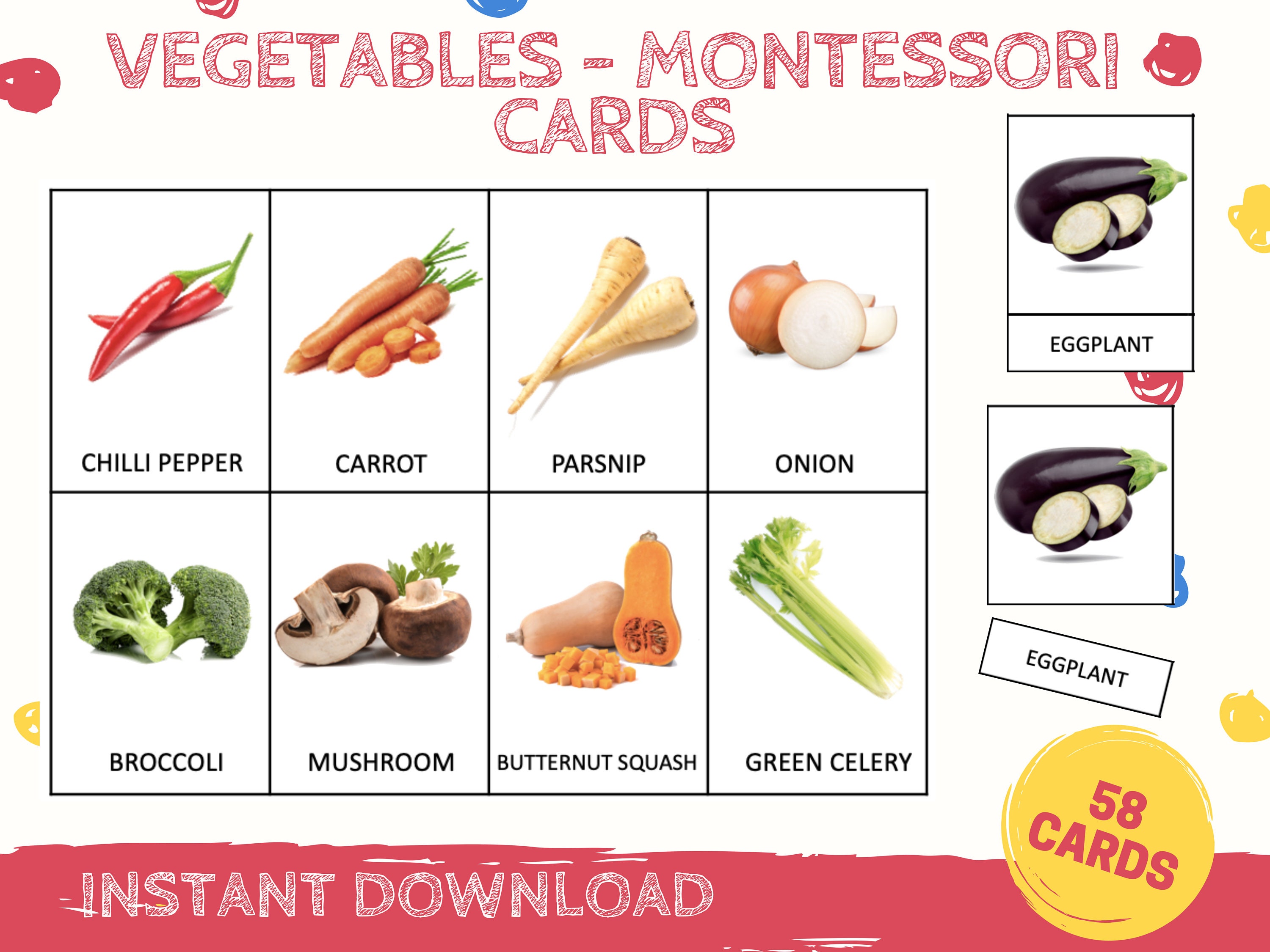 Real VEGETABLE Montessori Flashcards Three-part Cards | Etsy