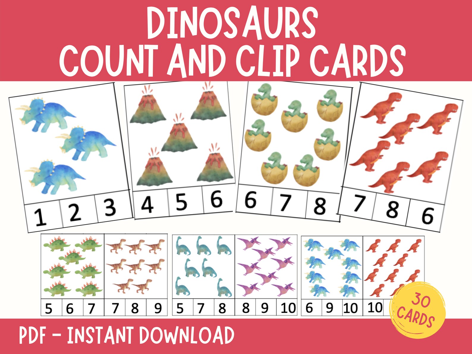 Dinosaur Counting Clip Cards: Montessori Math Activity (digital ...