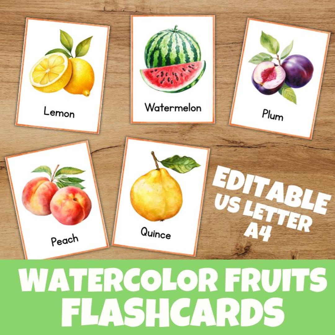Printable Watercolor Fruits Flashcards for Kids | Toddler Preschool ...