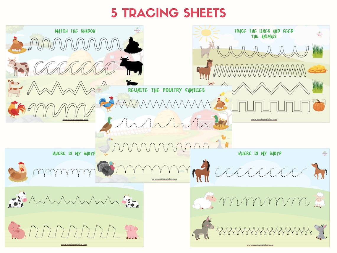 Farm Animals Tracing Practice Fine Motor Tracing Worksheets | Etsy