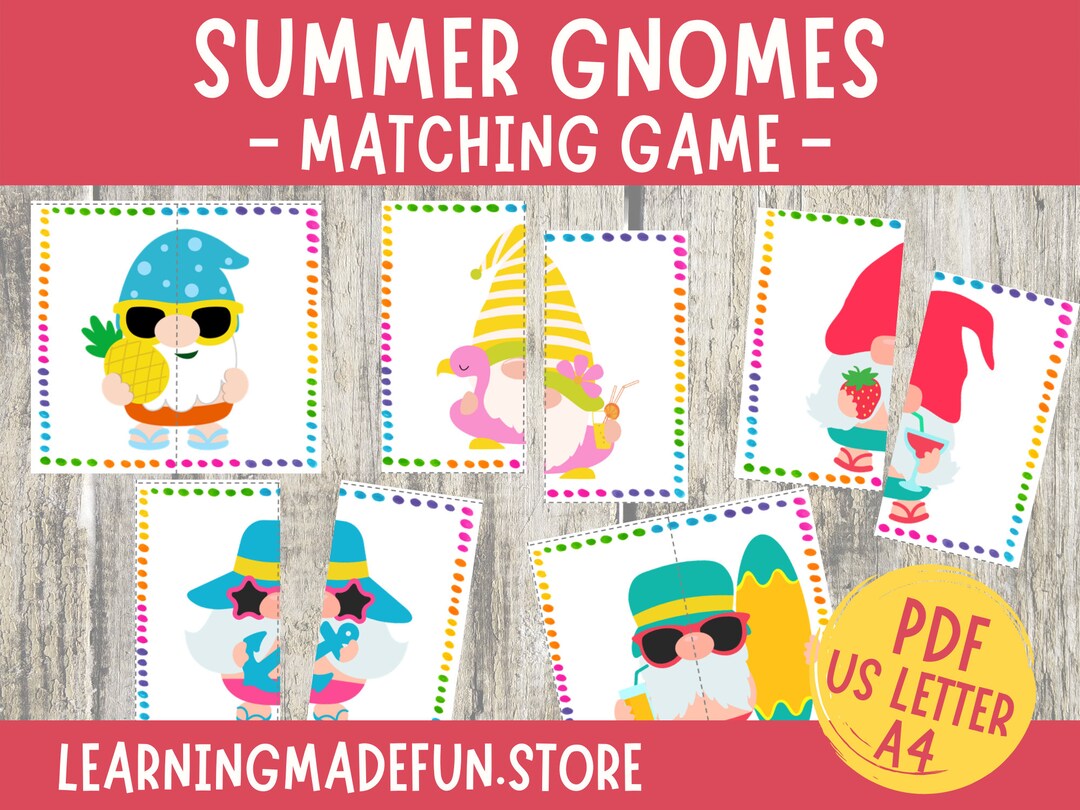 Summer Gnomes Matching Game for Kids, Summer Matching Activity, Summer ...