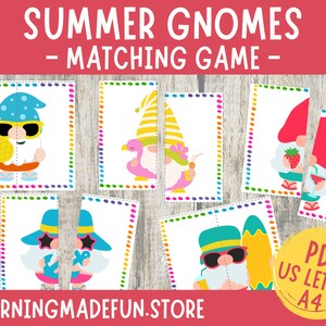 Summer Gnomes Matching Game for Kids, Summer Matching Activity, Summer ...