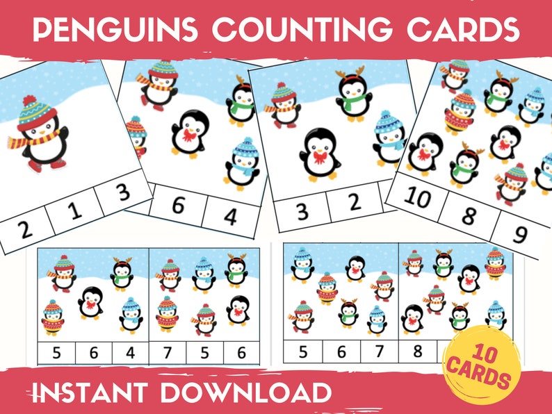 Penguins Count Clip Cards Numbers 1-10 Count and Clip | Etsy