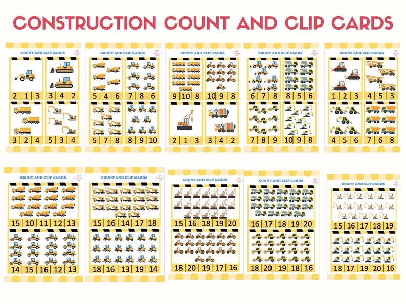 Construction Count Clip Cards Numbers 1-20 Count and Clip | Etsy