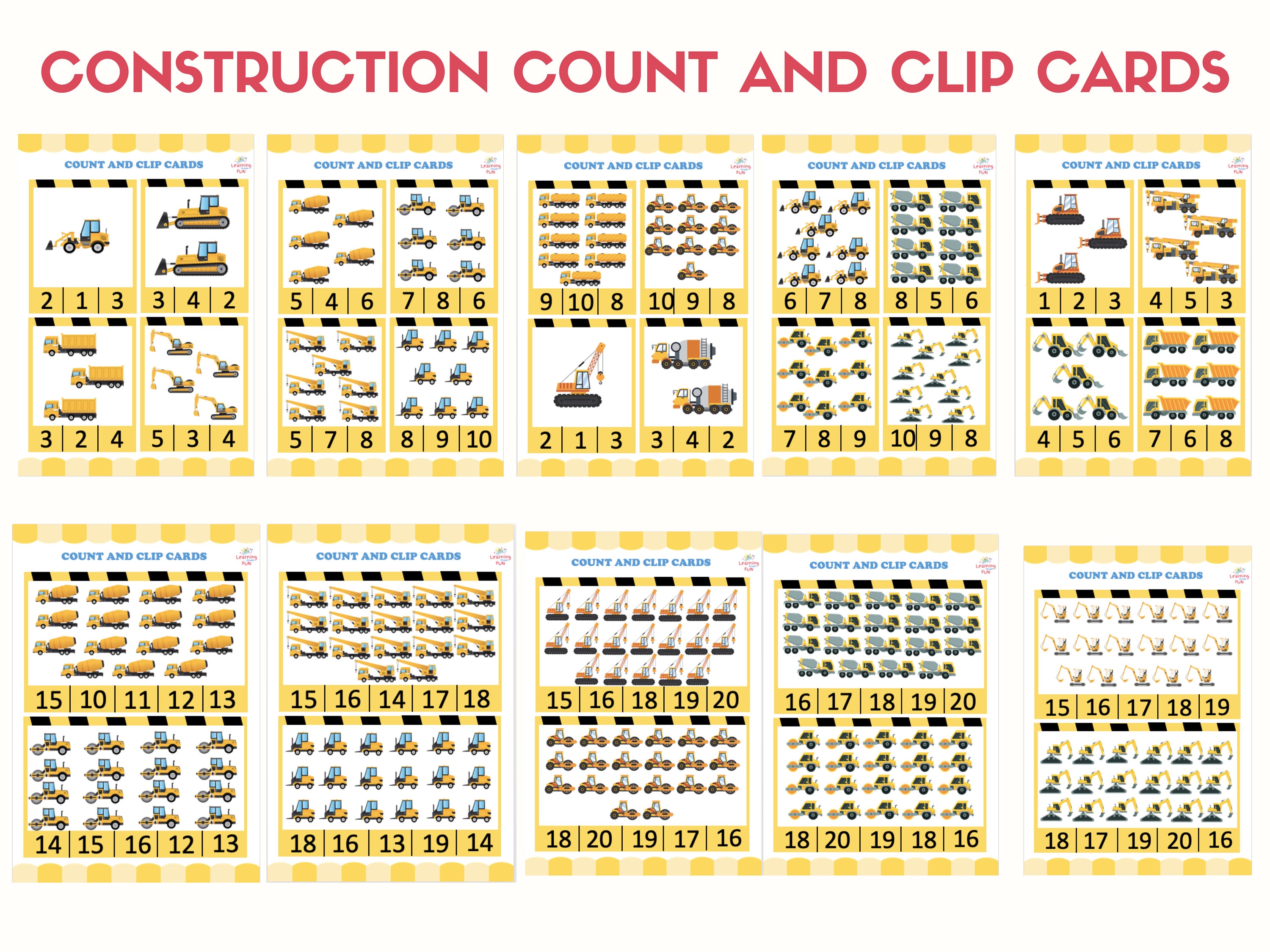 Construction Count Clip Cards Numbers 1-20 Count and Clip | Etsy