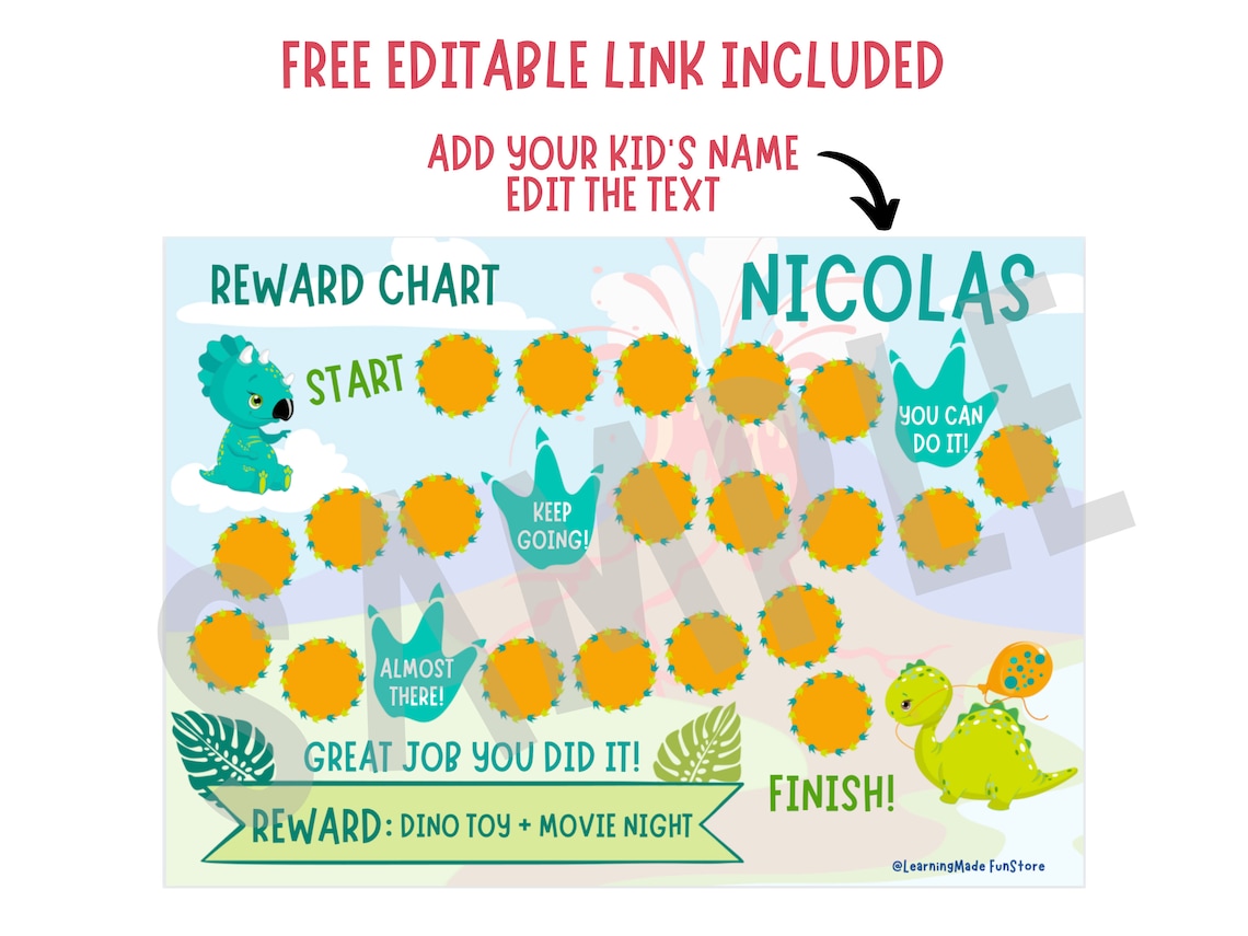 EDITABLE Dinosaurs Reward Chart Kids Reward Chart Printable | Etsy