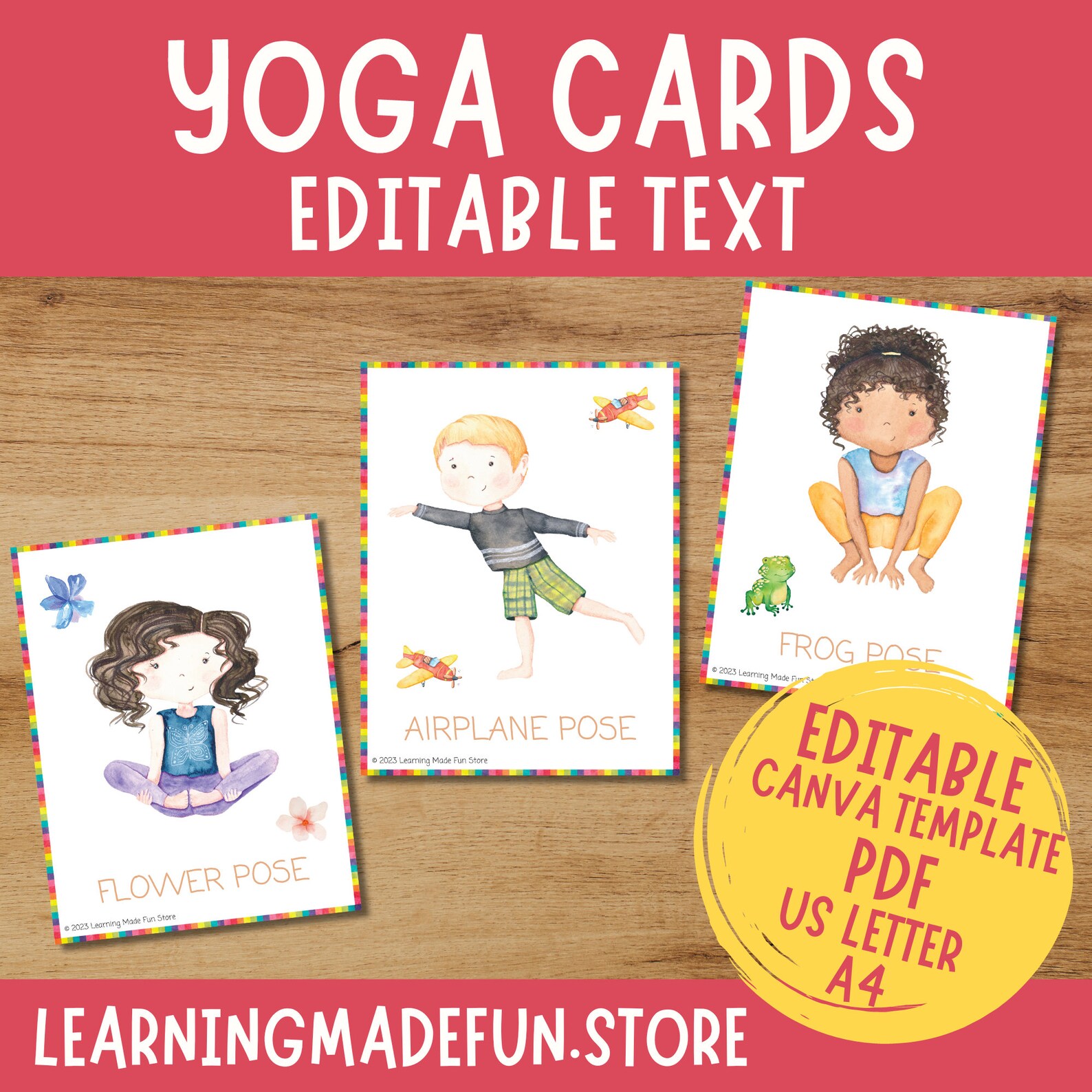 Kids Yoga Pose Cards, Watercolor Flash Cards (PDF Pattern) - Etsy