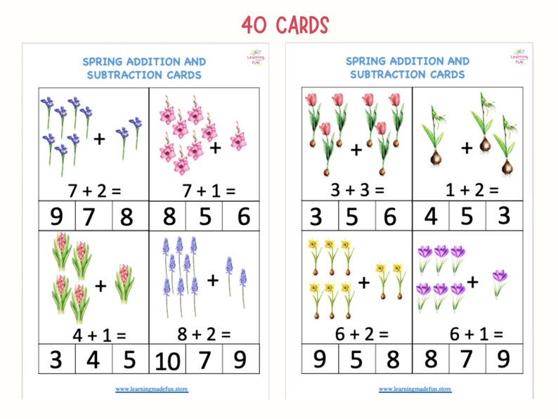 Spring Math Activities Montessori Flashcards Addition - Etsy