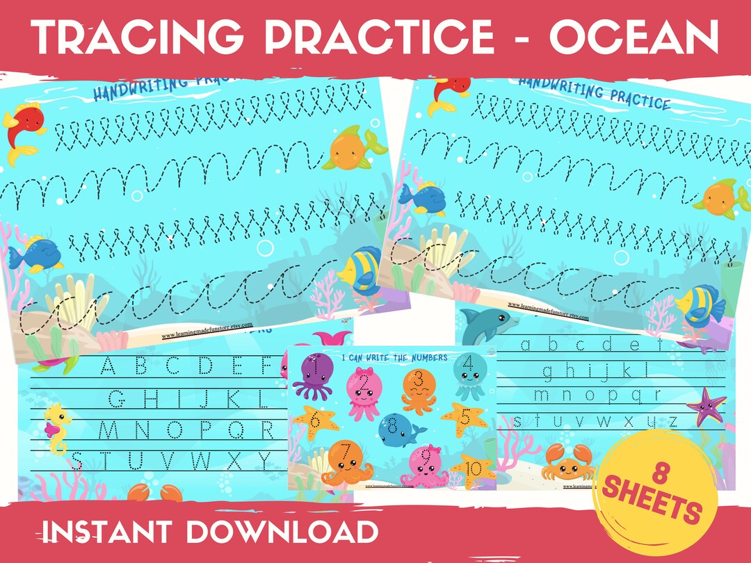 Ocean Tracing Worksheets: ABC, Numbers, Line Practice (digital Download ...
