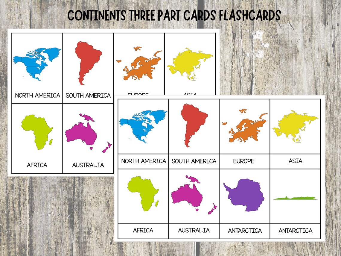 Continents Montessori Cards Continents Flash Cards Three - Etsy