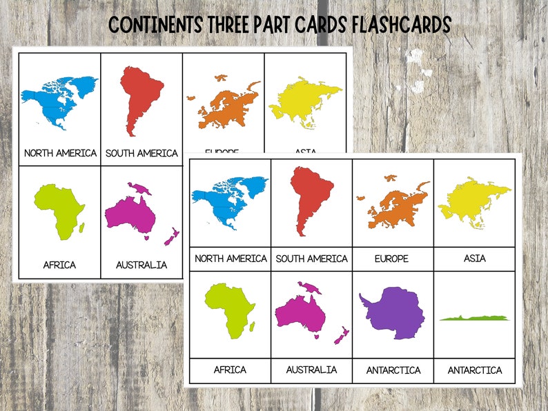 Continents Montessori Cards Continents Flash Cards Three - Etsy