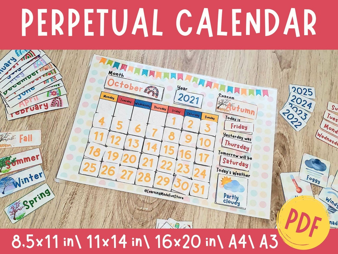 Perpetual Calendar, Printable Classroom Calendar, Homeschool Montessori ...