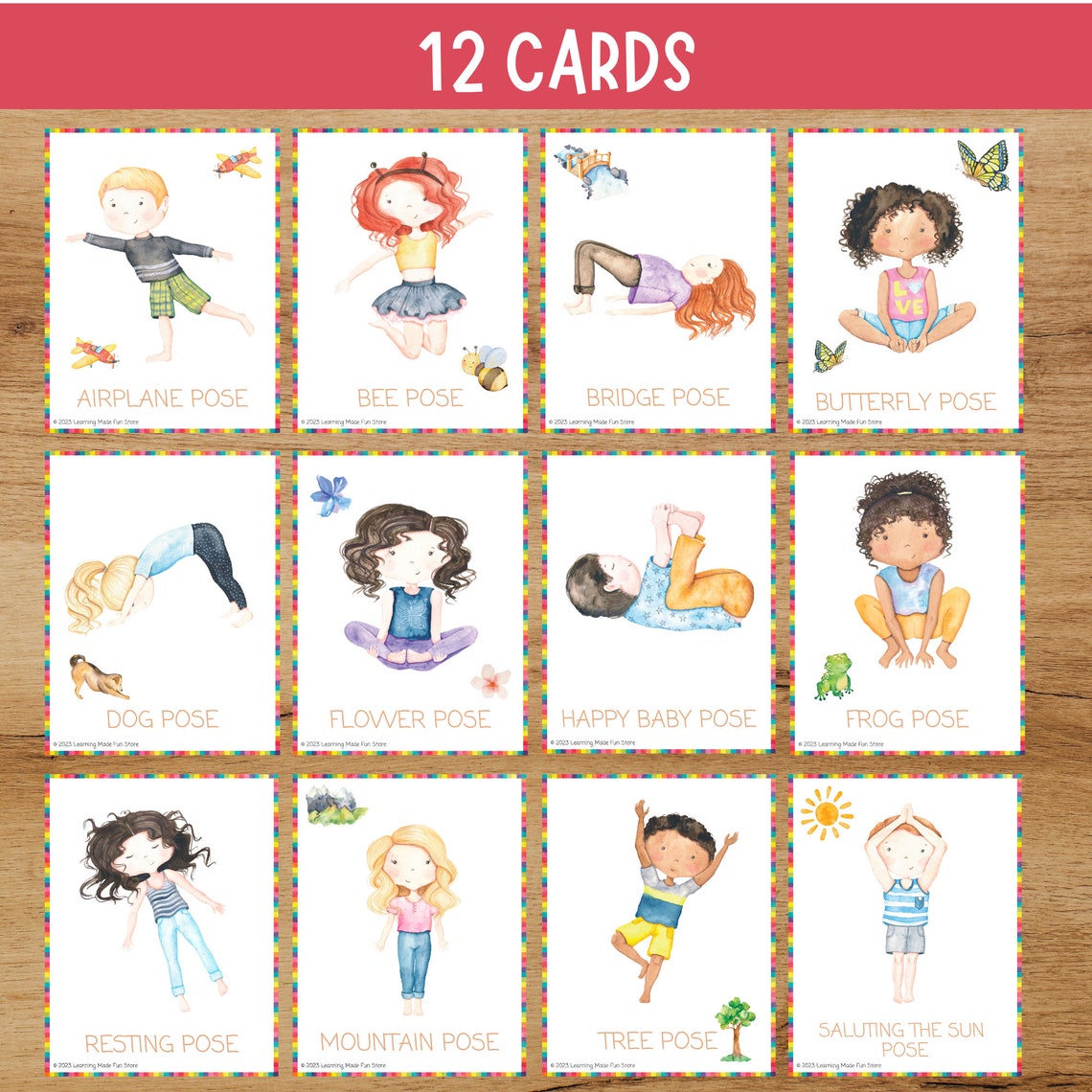 Kids Yoga Pose Cards, Watercolor Flash Cards (PDF Pattern) - Etsy