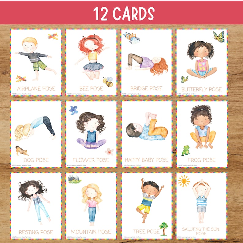 Kids Yoga Pose Cards, Watercolor Flash Cards (PDF Pattern) - Etsy