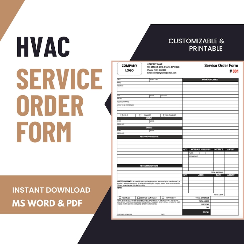 HVAC | Heating and Cooling | Service Order Form | Invoice | Editable ...