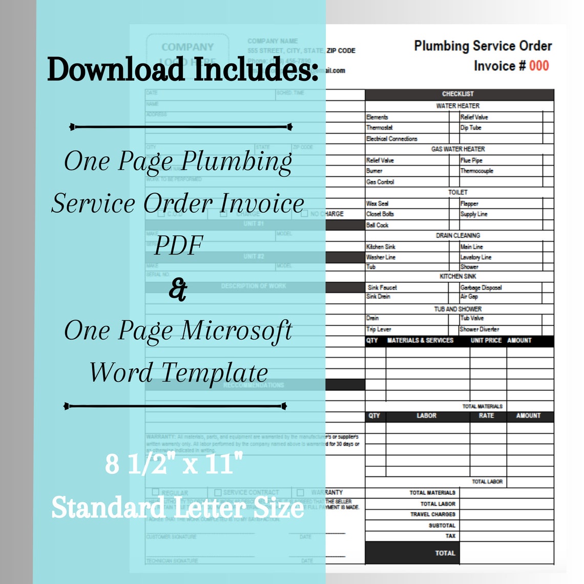 Editable & Printable Plumbing Service Order Form Invoice - Etsy