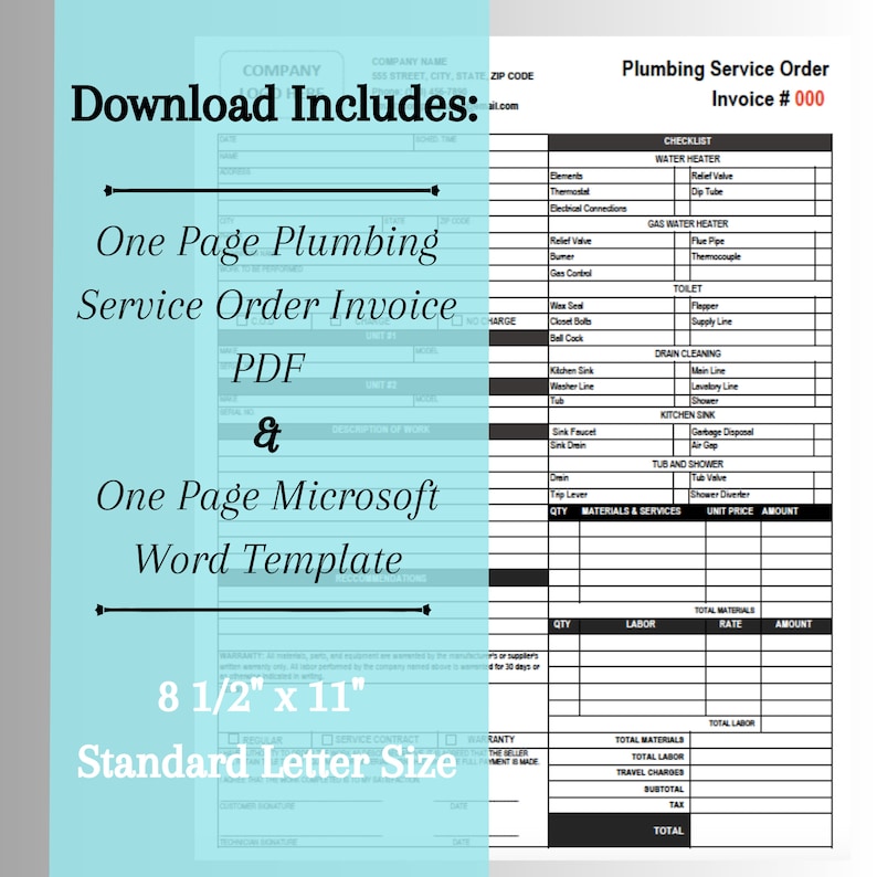 Plumbing Service Order Form Invoice, Editable & Printable - Etsy