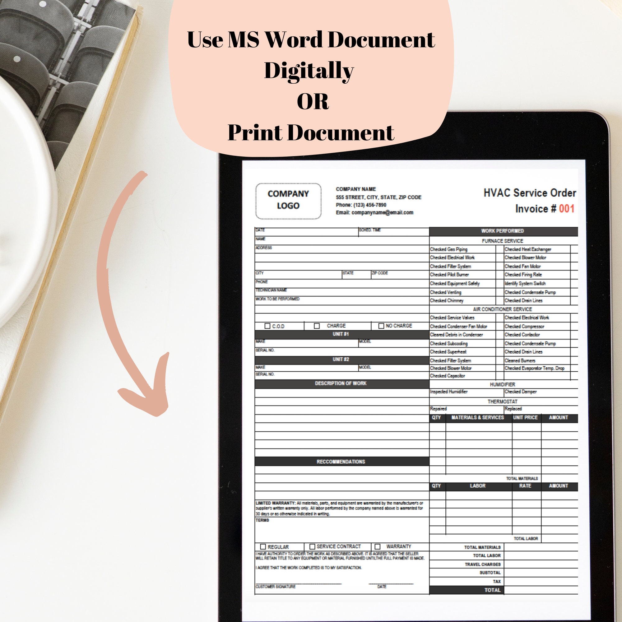 Customizable HVAC Service Order Invoice Form Printable - Etsy