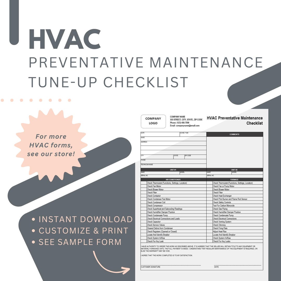 HVAC Preventative Maintenance & Tune-up Checklist Service Order Invoice ...
