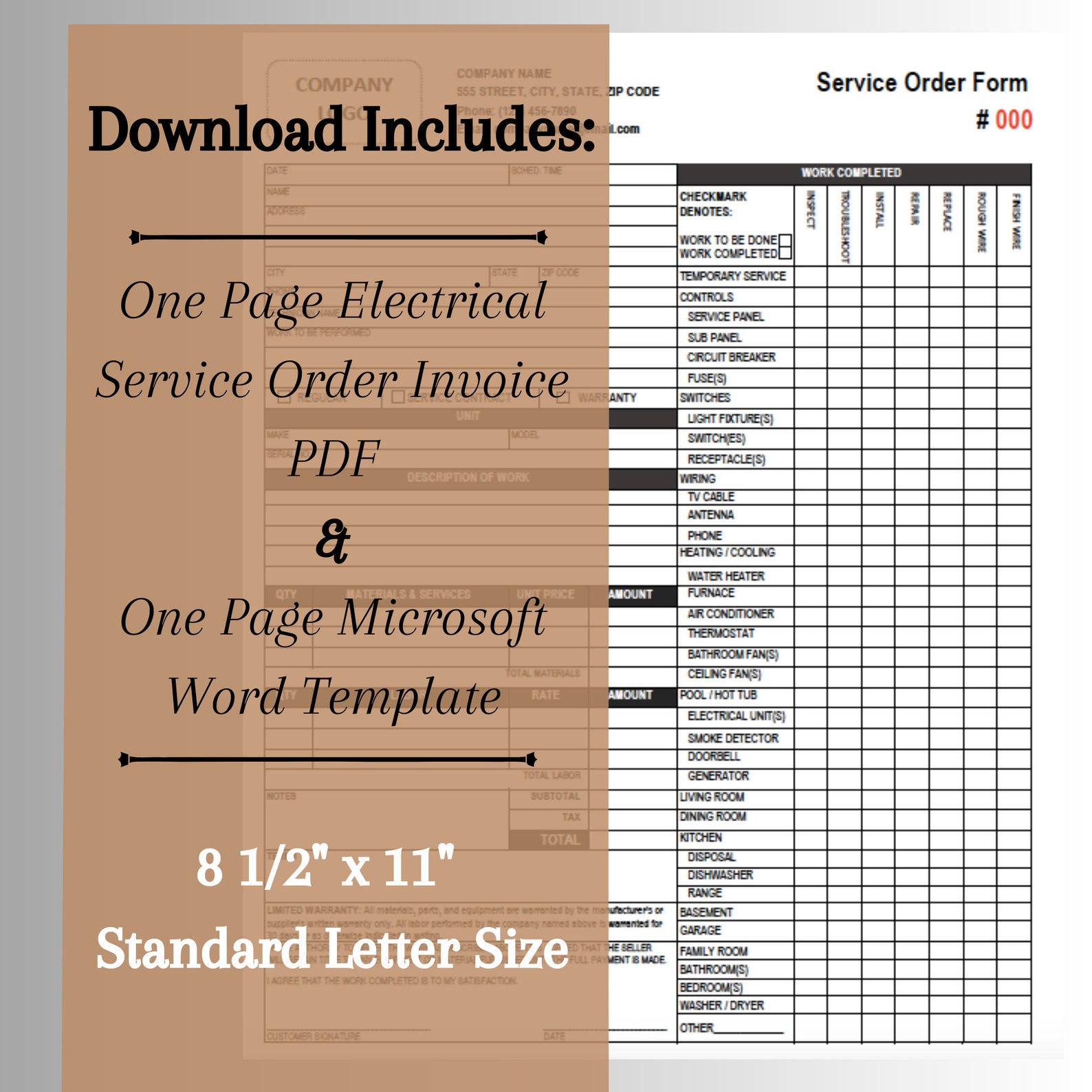 Printable Electrical Service Order Form Invoice - Etsy