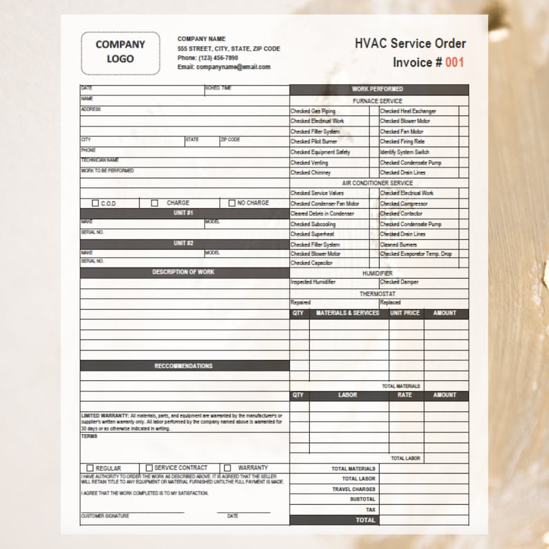 Customizable HVAC Service Order Invoice Form Printable - Etsy