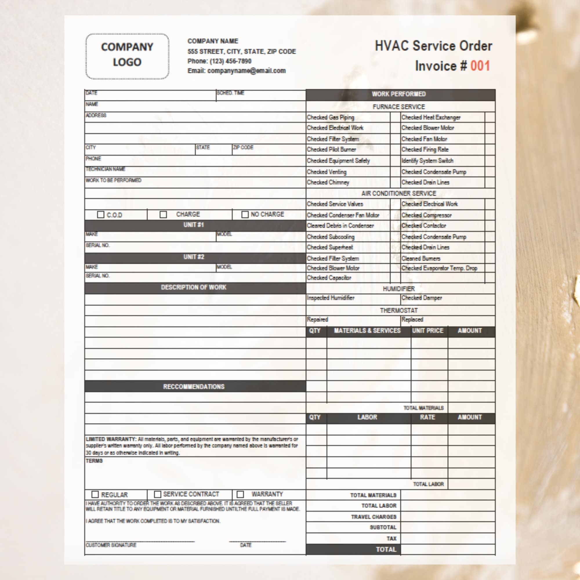 Customizable HVAC Service Order Invoice Form Printable - Etsy