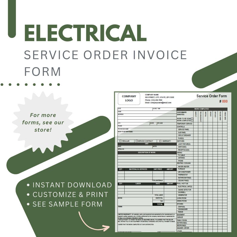 Electrician Service Order Form Invoice, Editable & Printable - Etsy