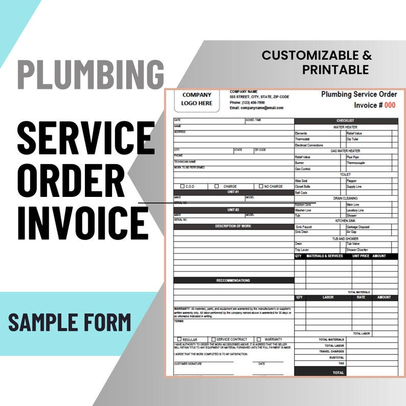Editable & Printable Plumbing Service Order Form Invoice - Etsy