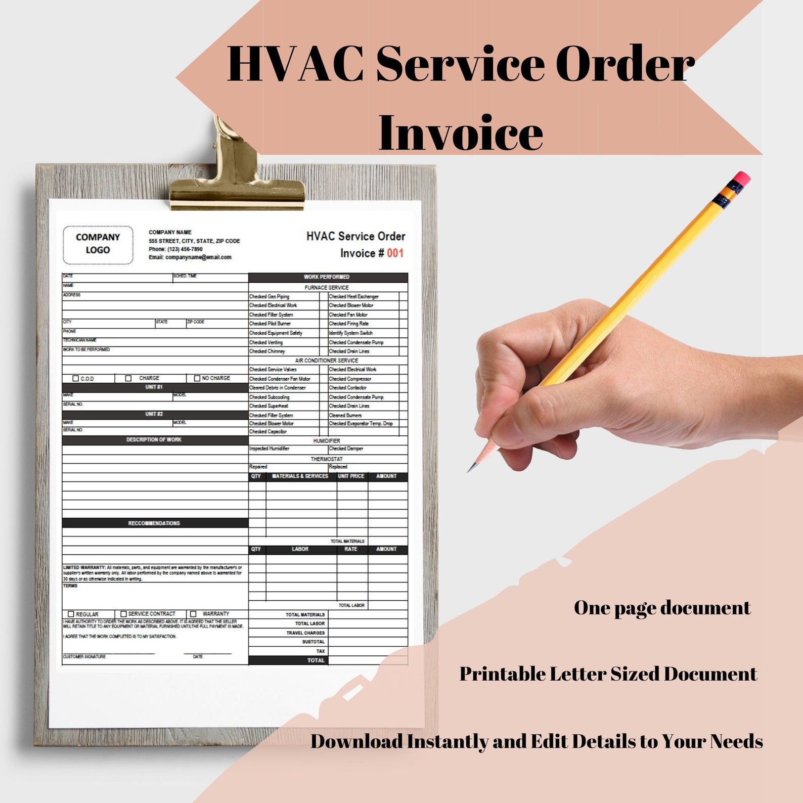 Customizable HVAC Service Order Invoice Form Printable - Etsy
